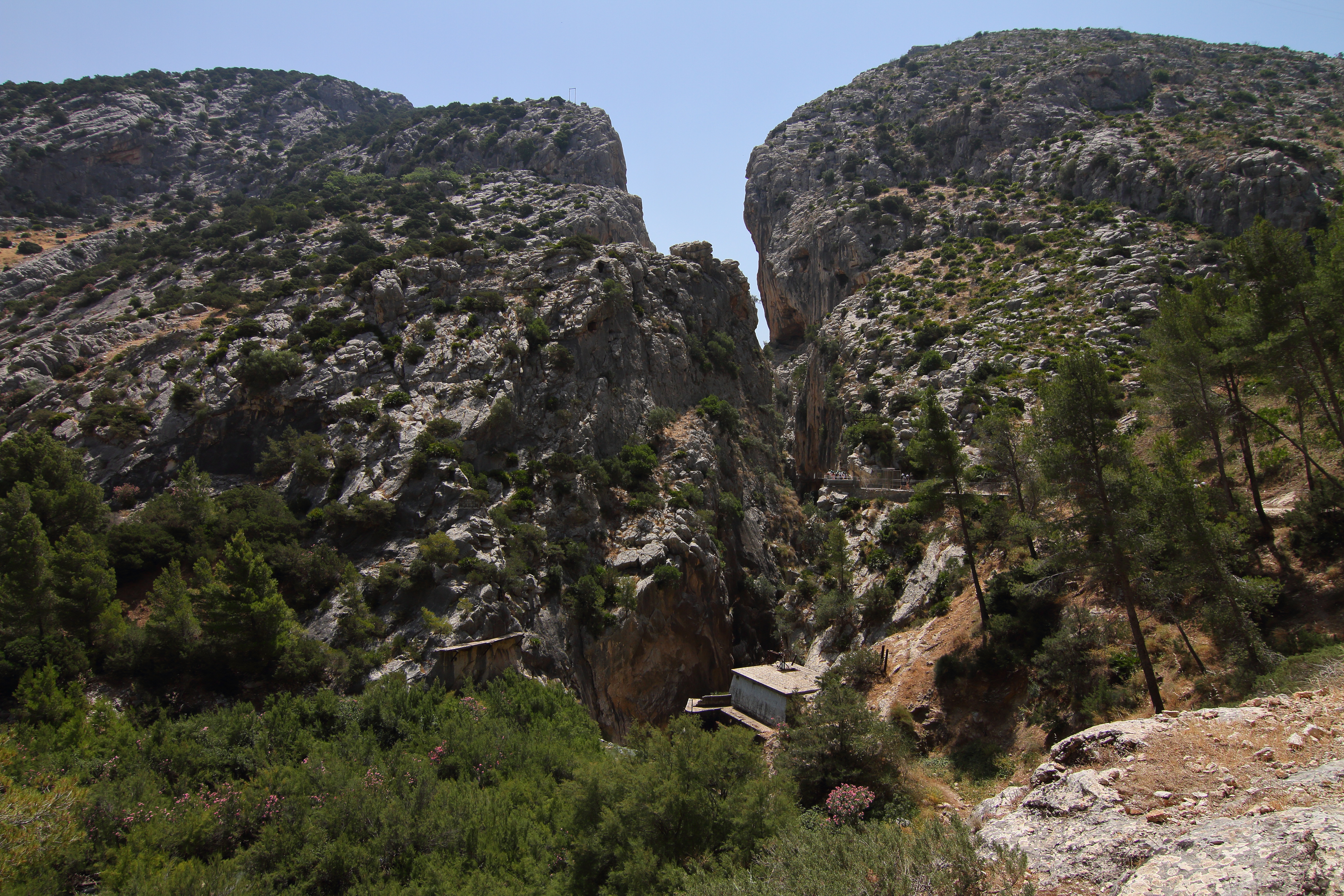 The northern entrance to the Gaitanes Gorge with towering limestone walls