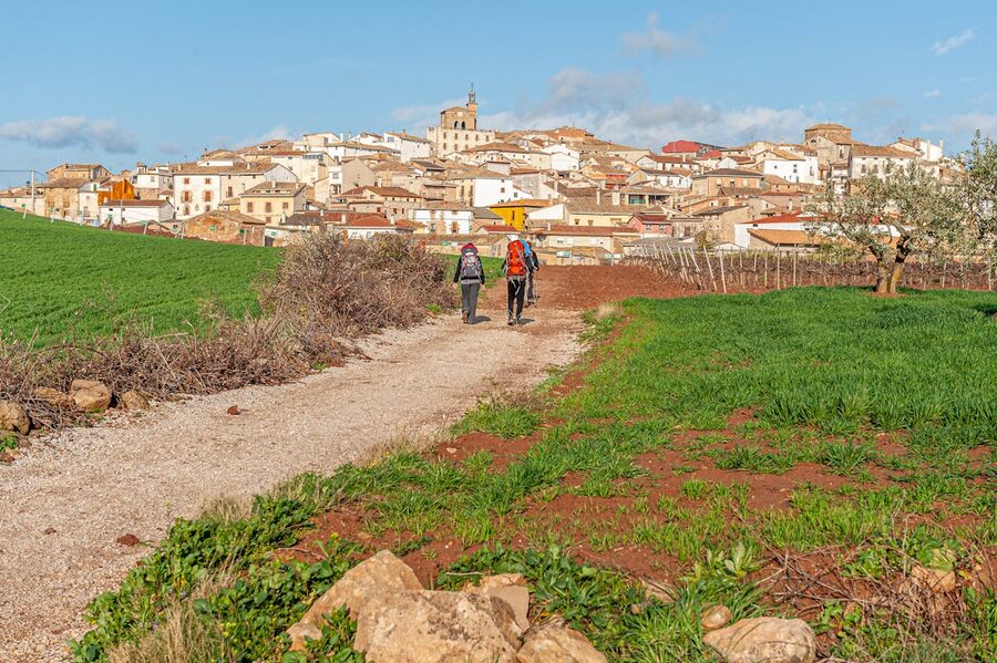 Two pilgrims with backpacks walking toward a village on the Camino de Santiago