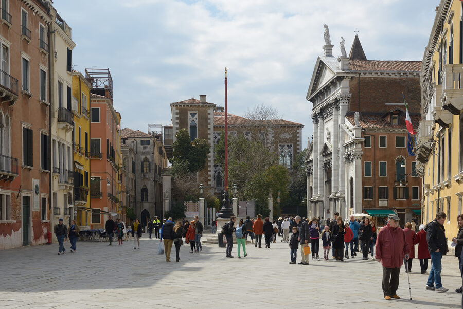 Wide view of Campo Santo Stefano square in Venice with the Church of San Vidal visible