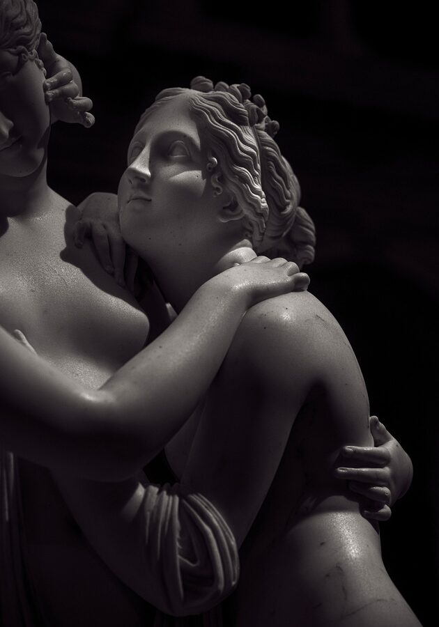 Three Graces marble sculpture by Canova showing three female figures embracing