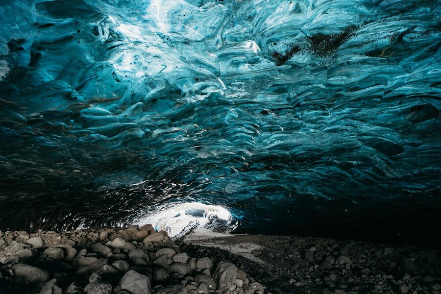 Striking view inside an ice cave showcasing beautiful icy formations.