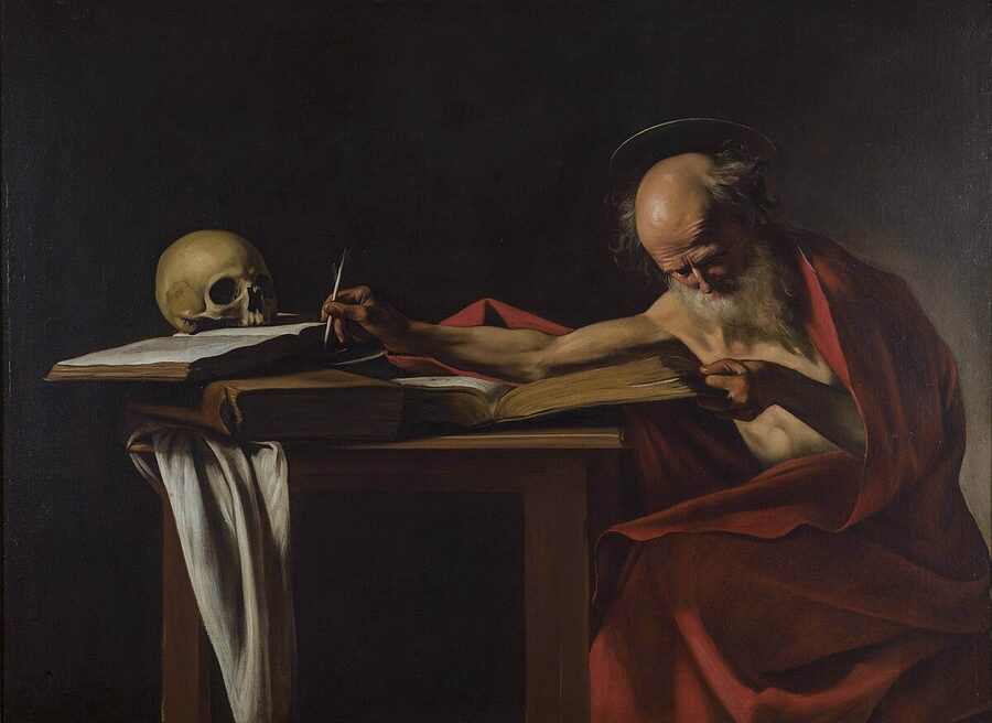 Saint Jerome painting by Caravaggio showing the saint writing at his desk in the Galleria Borghese