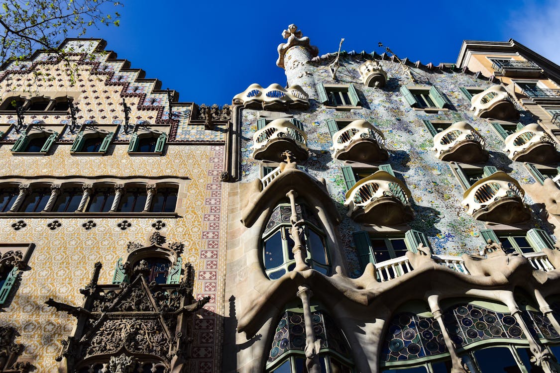Close-up of Casa Batllo ornate facade designed by Gaudi in Barcelona