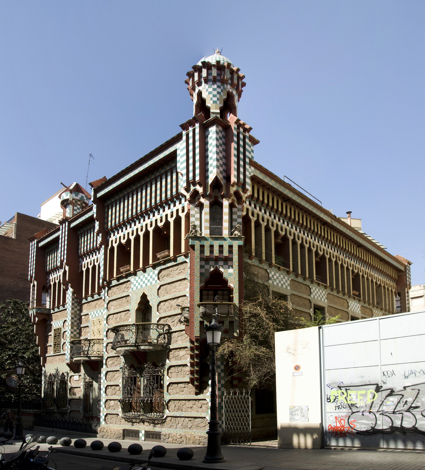 The colorful tiled facade of Casa Vicens in Barcelona designed by Antoni Gaudi