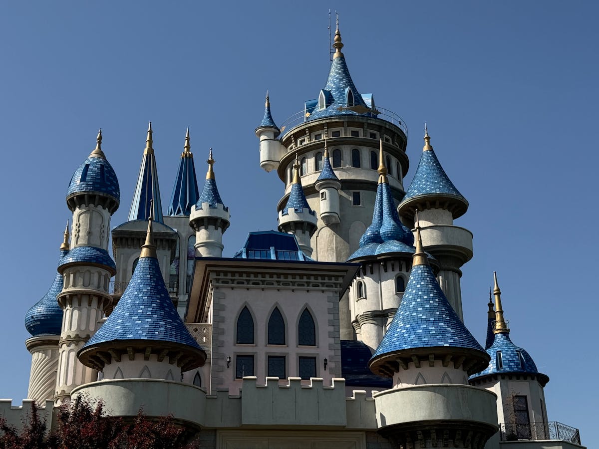 Castle with manicured gardens and pathways
