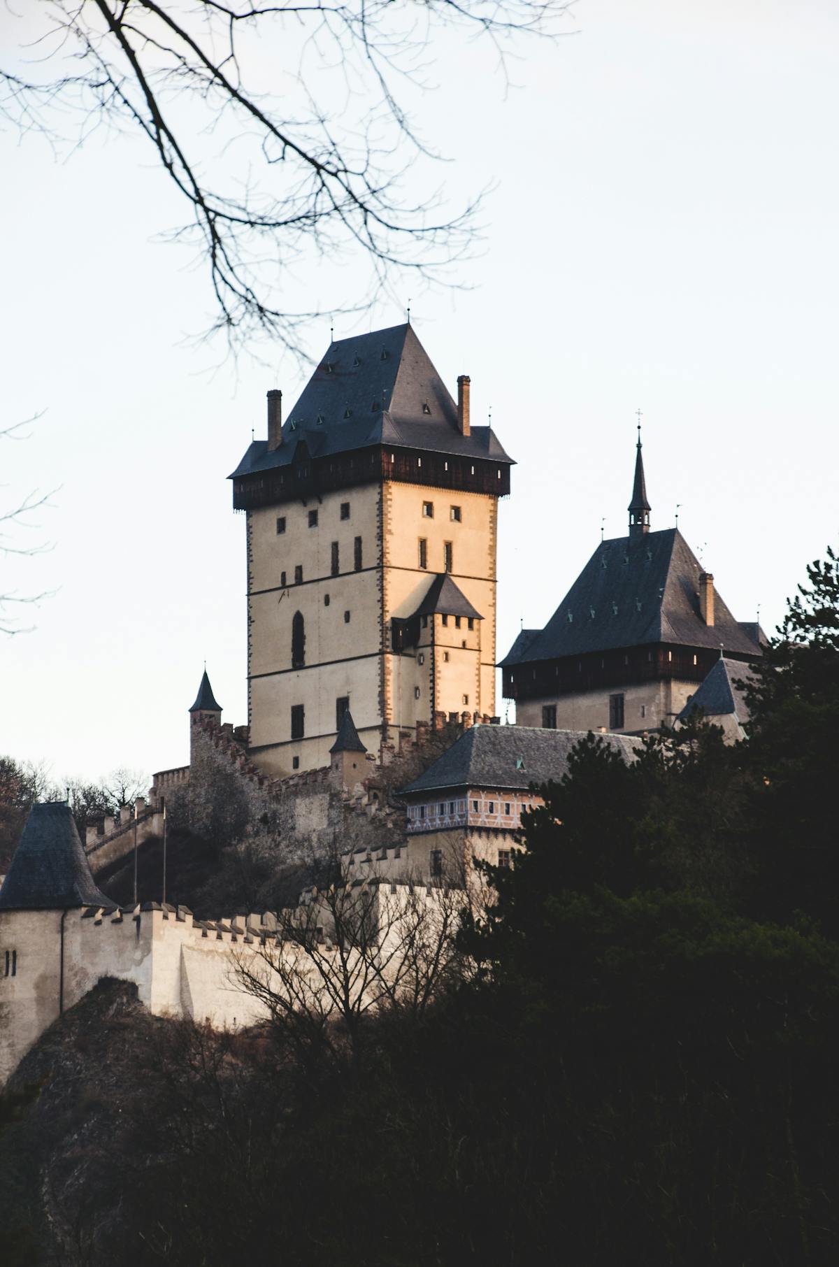 Karlstejn Castle illuminated at dusk in the Czech Republic
