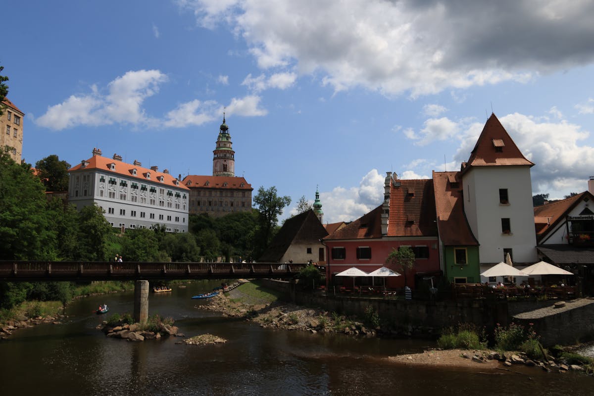 Cesky Krumlov Castle tower rising above the town with the Vltava River