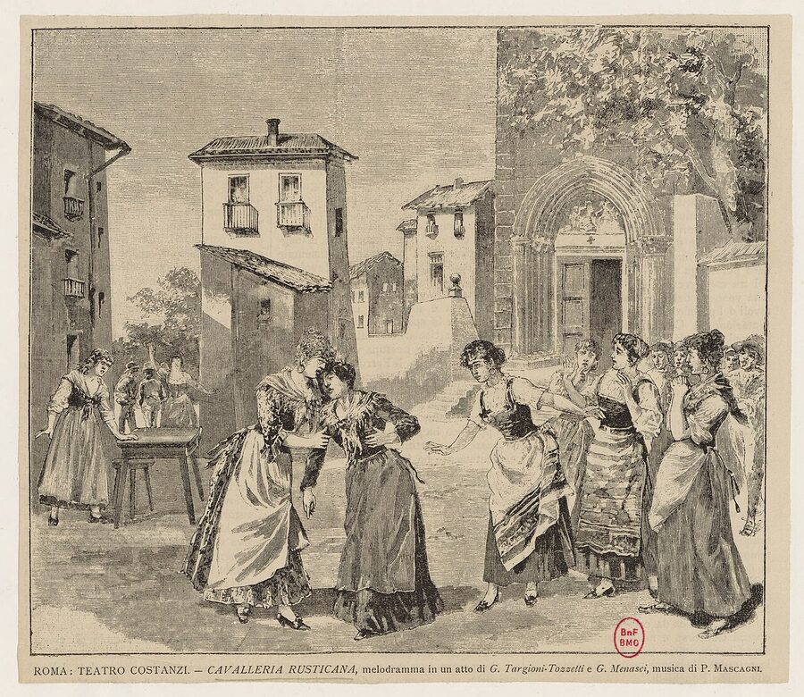 Historical illustration of Cavalleria Rusticana premiere at Teatro Costanzi Rome 1890