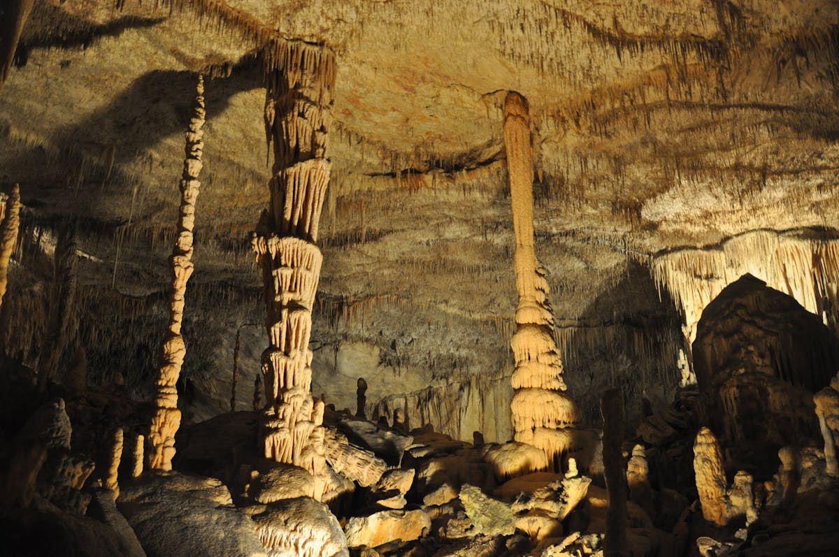 Stalactite and stalagmite formations inside the Caves of Drach Mallorca