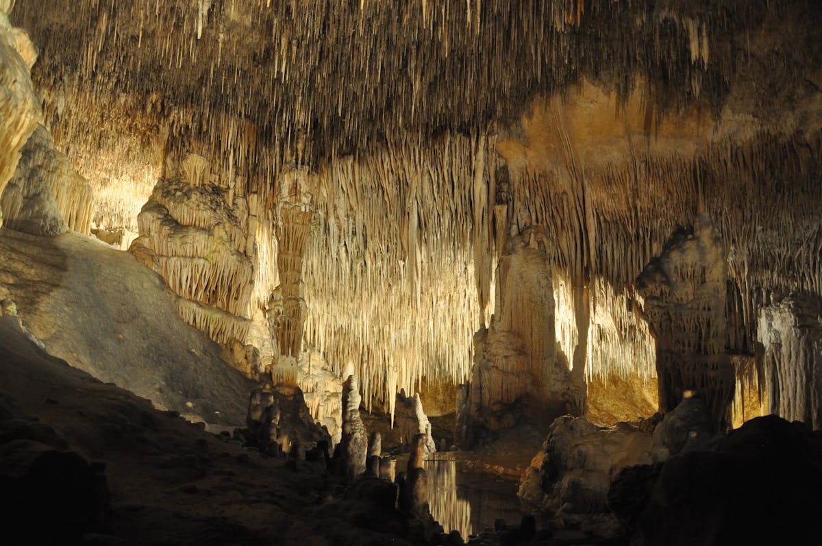 Close-up of stalactite formations inside the Caves of Drach Mallorca