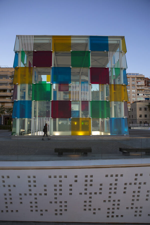 The Centre Pompidou Malaga building with its distinctive colourful glass cube on the waterfront