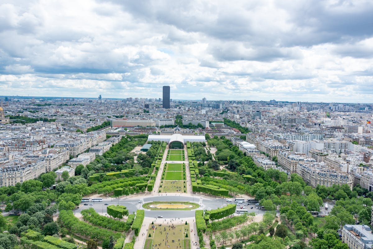 Aerial shot of Champ de Mars park with panoramic view of Paris