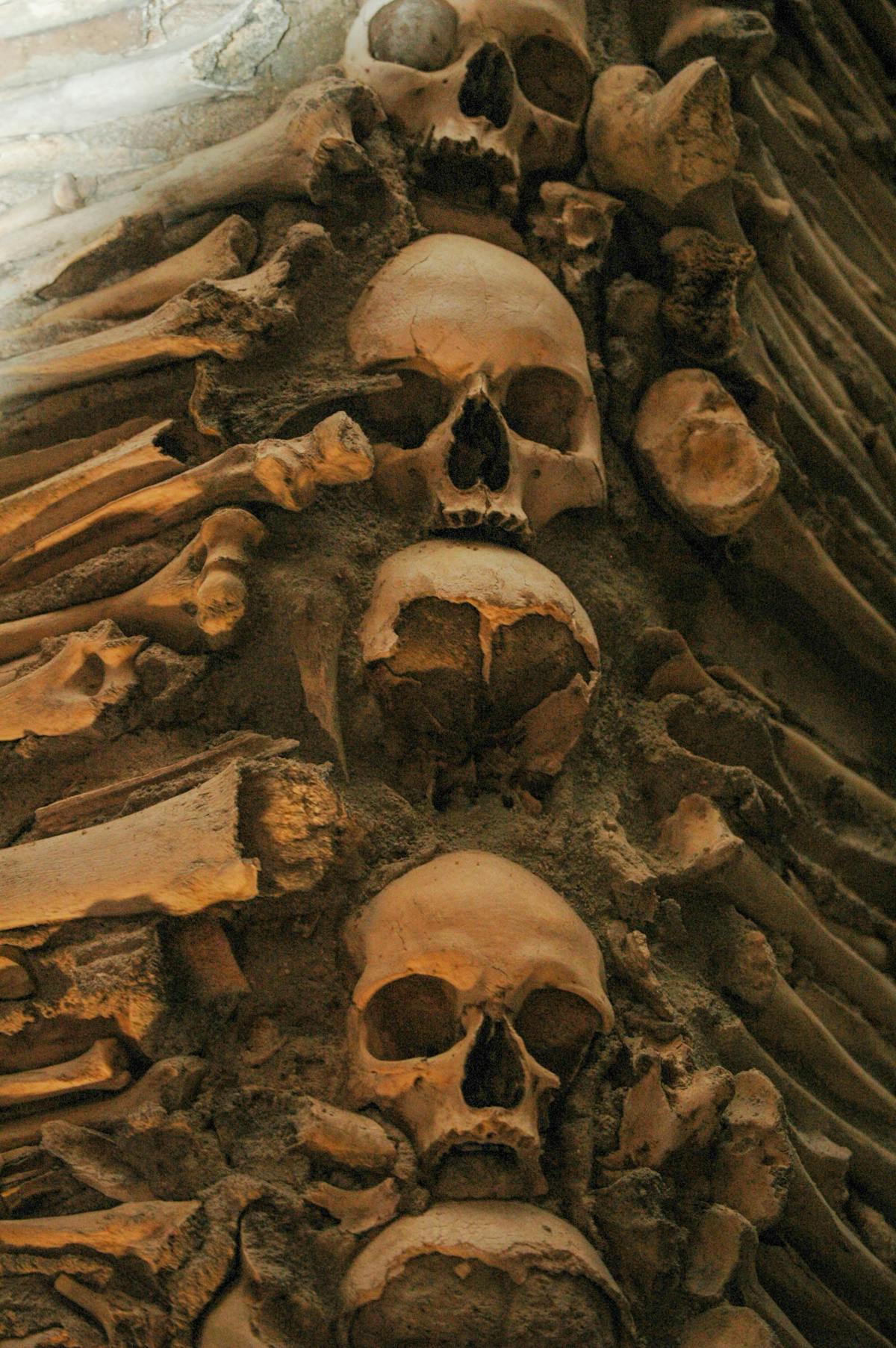 Skulls and bones decorating the walls and columns of the Chapel of Bones