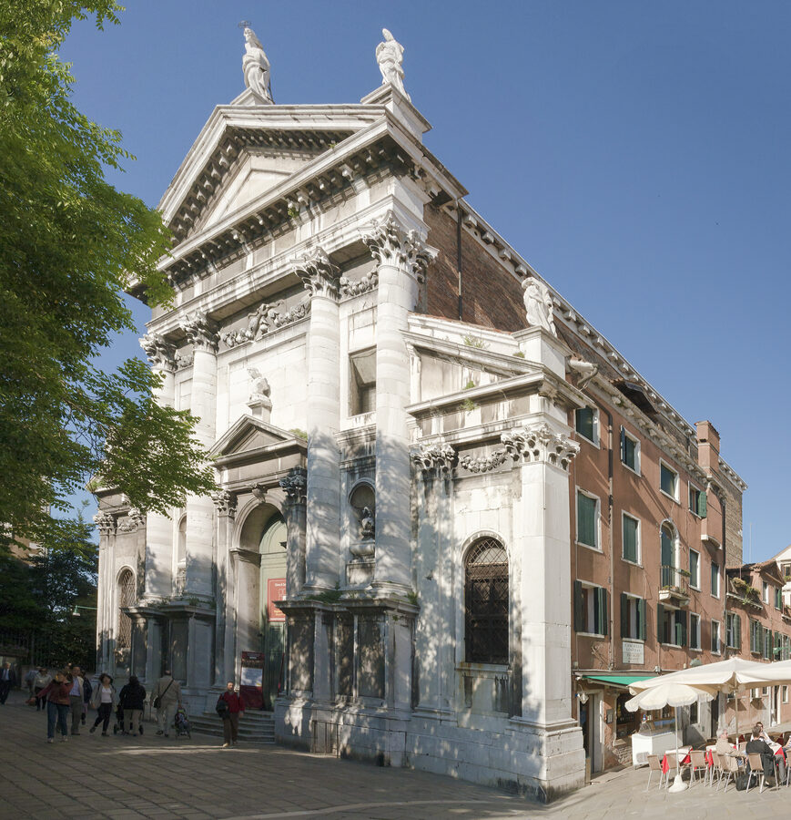 Stone facade of the Church of San Vidal in Venice with classical columns