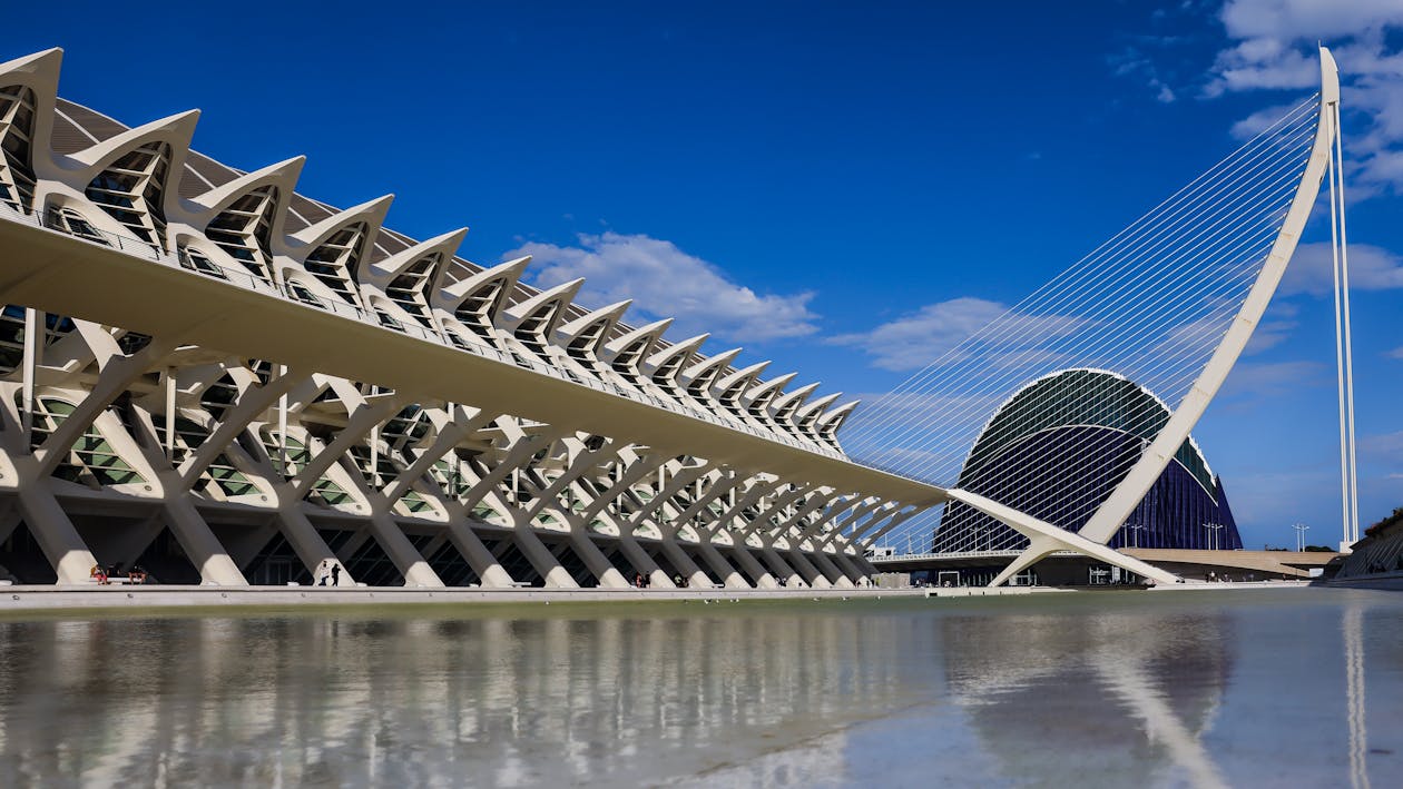 Striking modern architecture at Valencia City of Arts and Sciences against blue sky
