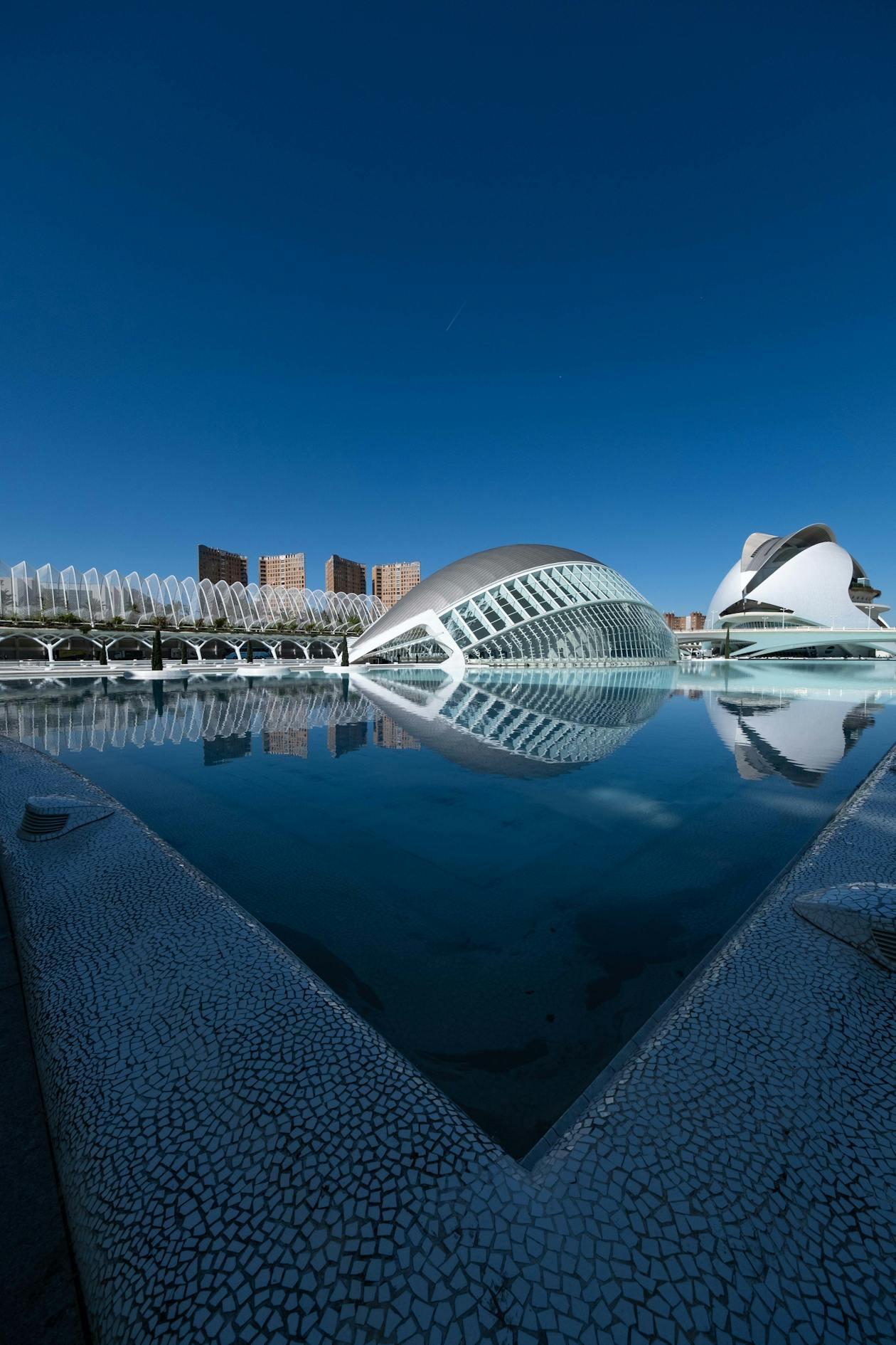 City of Arts and Sciences buildings reflected in calm water pools in Valencia