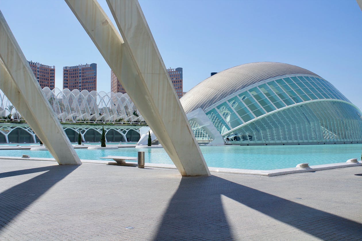 Panoramic view of the City of Arts and Sciences in Valencia with blue skies
