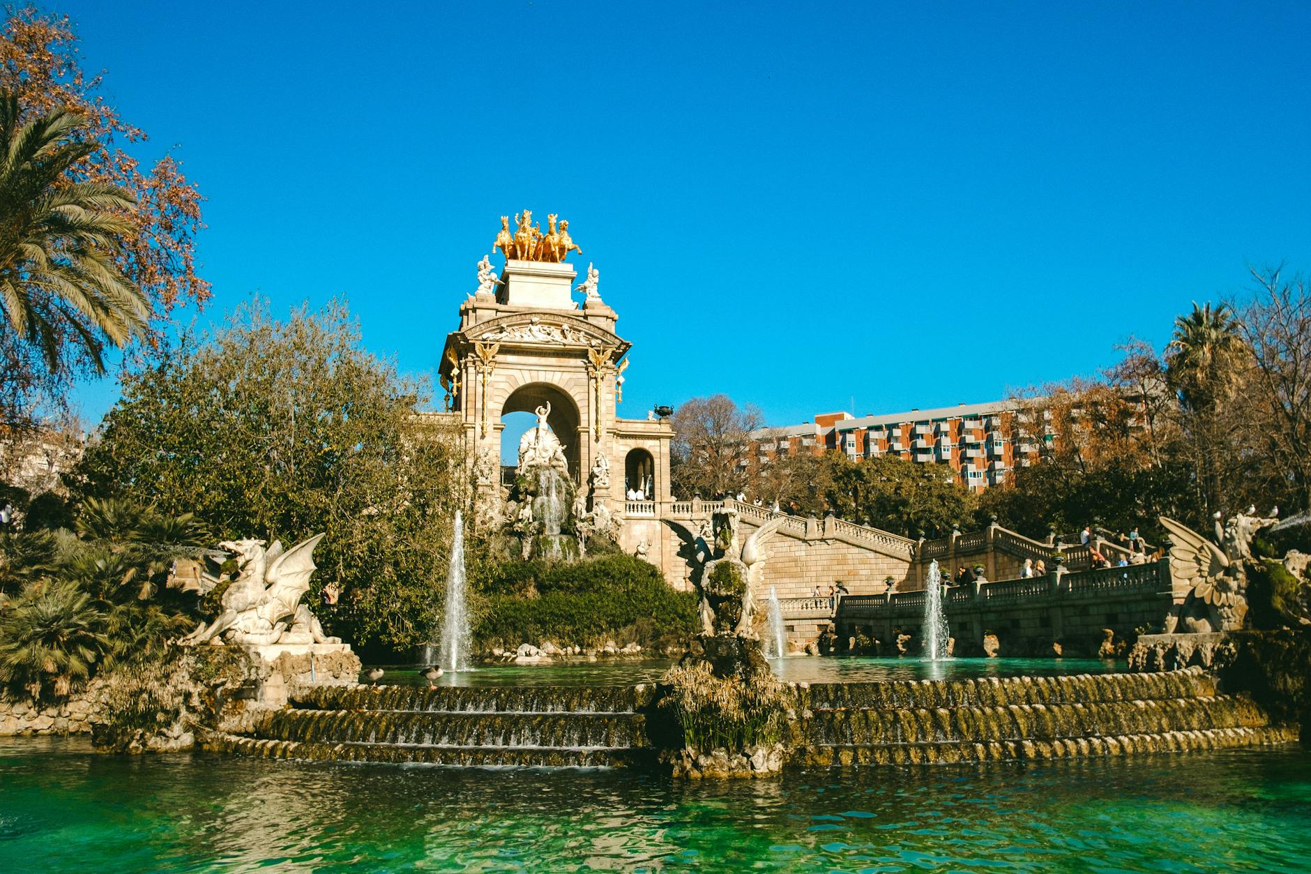Lush greenery and monumental fountain in Parc de la Ciutadella Barcelona