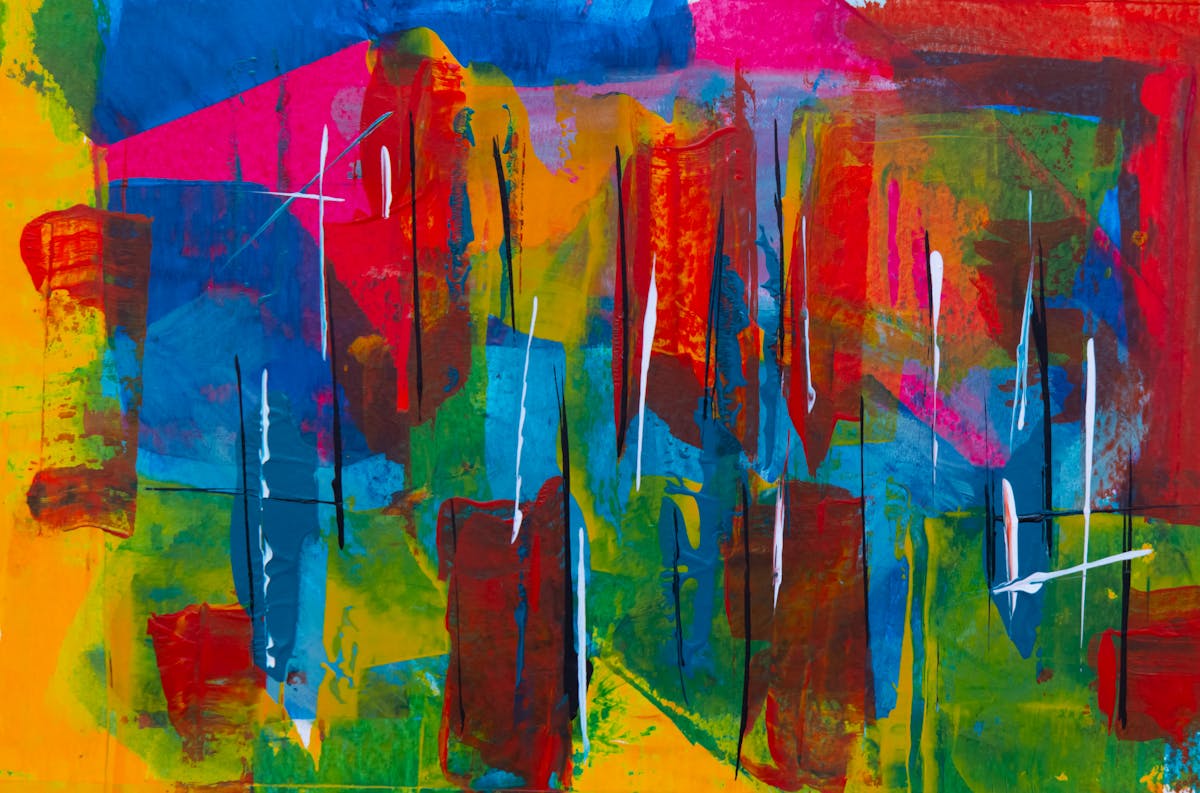 Colorful abstract acrylic painting featuring dynamic shapes and vibrant hues on canvas