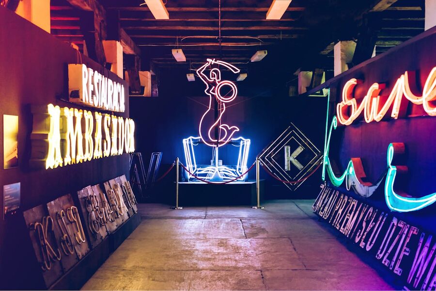 Colorful neon lights in an indoor museum setting showcasing artistic neon signs