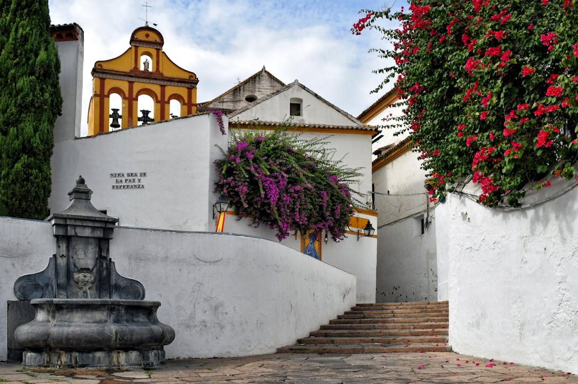 Picturesque alley in Cordoba with bell tower and purple bougainvillea