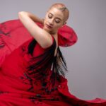 Flamenco dancer in a flowing red dress mid-performance
