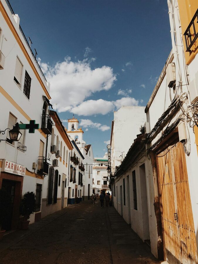 Historic alley in Cordoba lined with flowers and traditional architecture