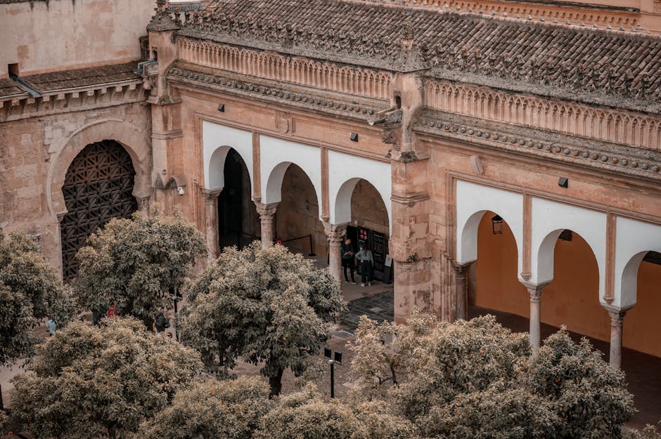 Aerial view of the Mosque-Cathedral of Cordoba with its arches and courtyard