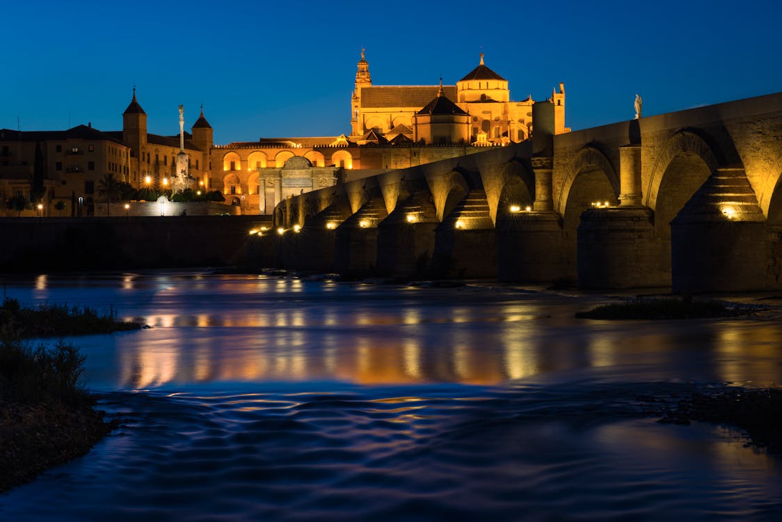 Cordoba Roman Bridge and Mosque-Cathedral illuminated at night