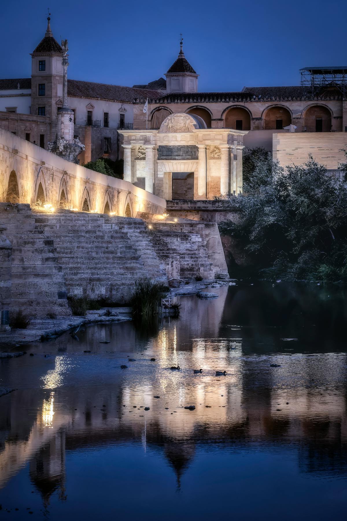 Cordoba Roman Bridge illuminated at night with reflections