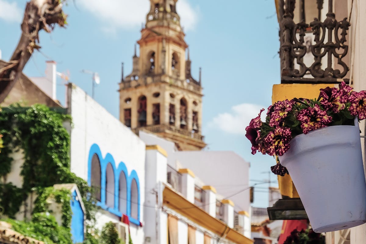 A Cordoba street with floral balconies and the bell tower in the background