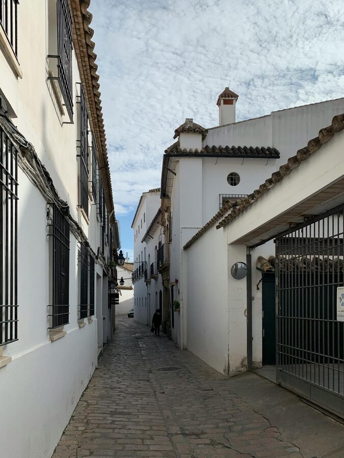 Whitewashed buildings lining a quiet street in Cordoba Andalusia