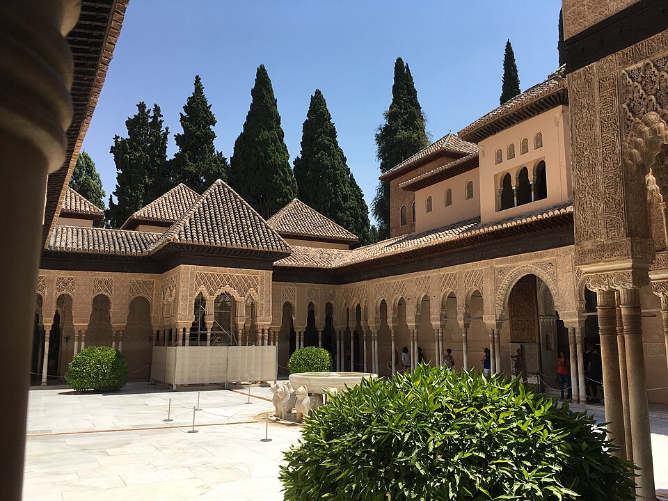 The famous Court of the Lions with its marble fountain and columned gallery at the Alhambra