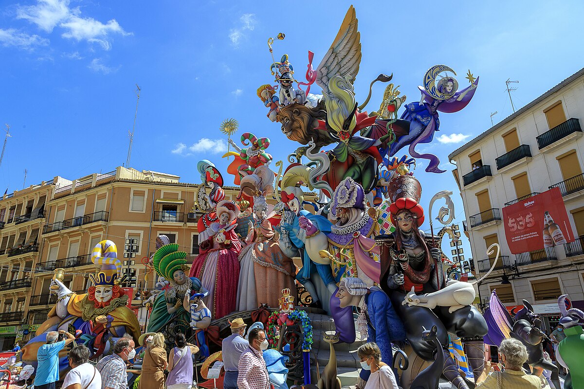 Colorful fallas sculptures and artistic street installations during the Valencia fire festival