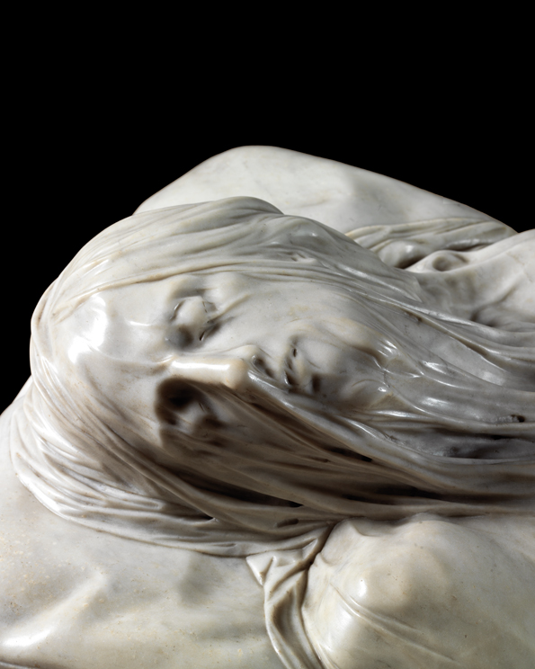 Close-up detail of the face of the Cristo Velato Veiled Christ marble sculpture by Giuseppe Sanmartino in Cappella Sansevero Naples