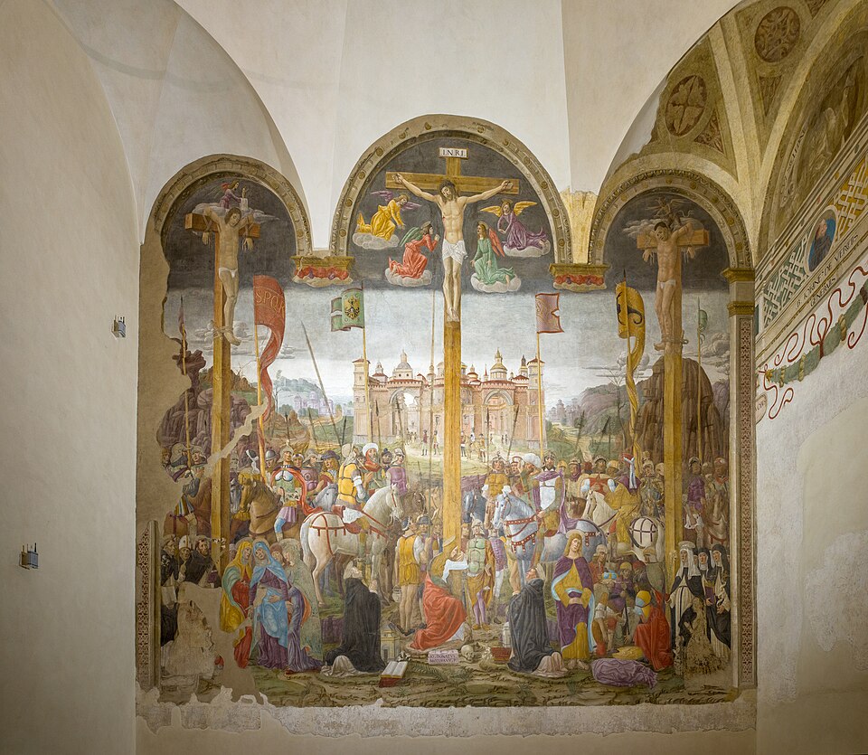 The Crucifixion fresco by Donato Montorfano on the wall opposite The Last Supper