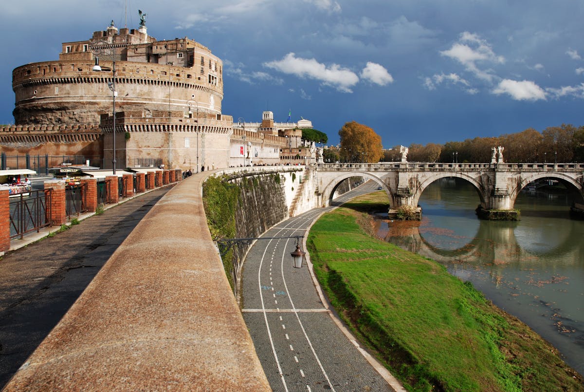 Castel Sant Angelo and Ponte Sant Angelo bridge over the Tiber River in Rome