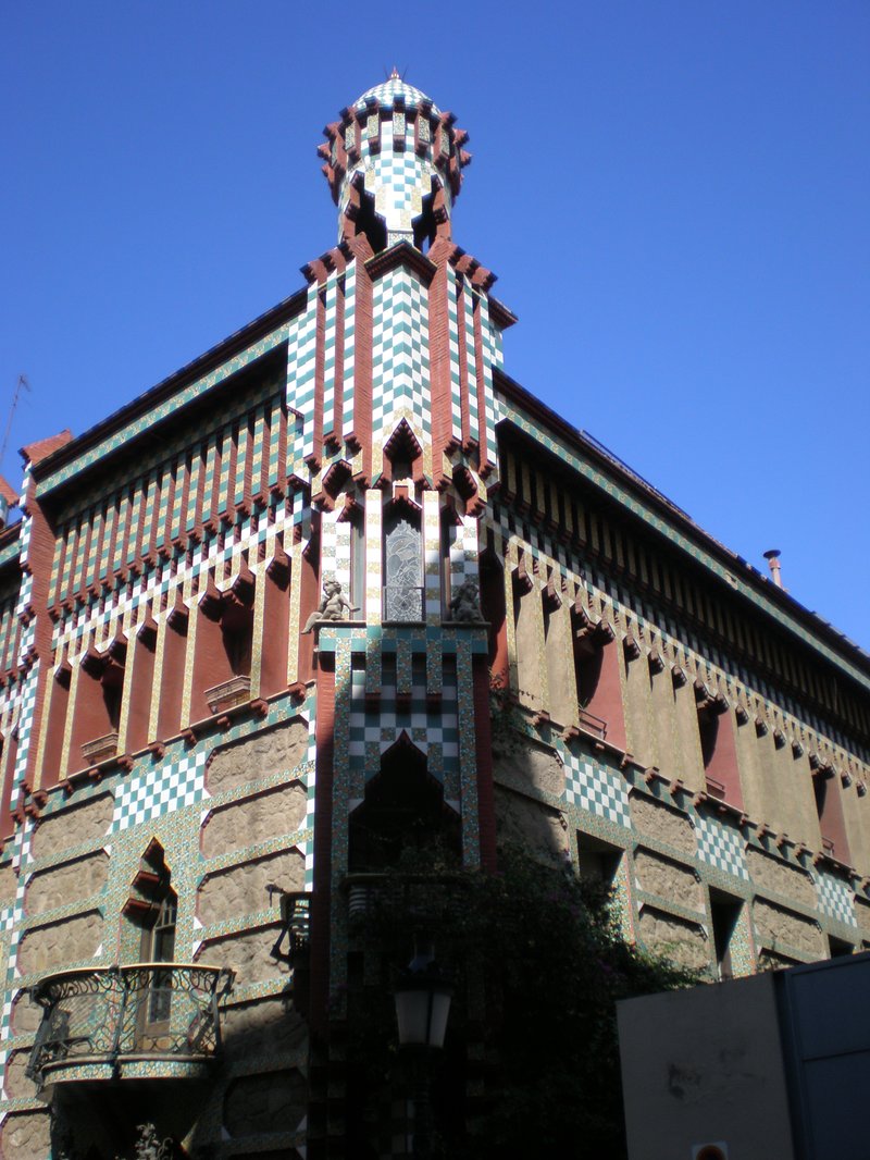 Detail of Casa Vicens colorful facade showing Moorish-inspired tile patterns
