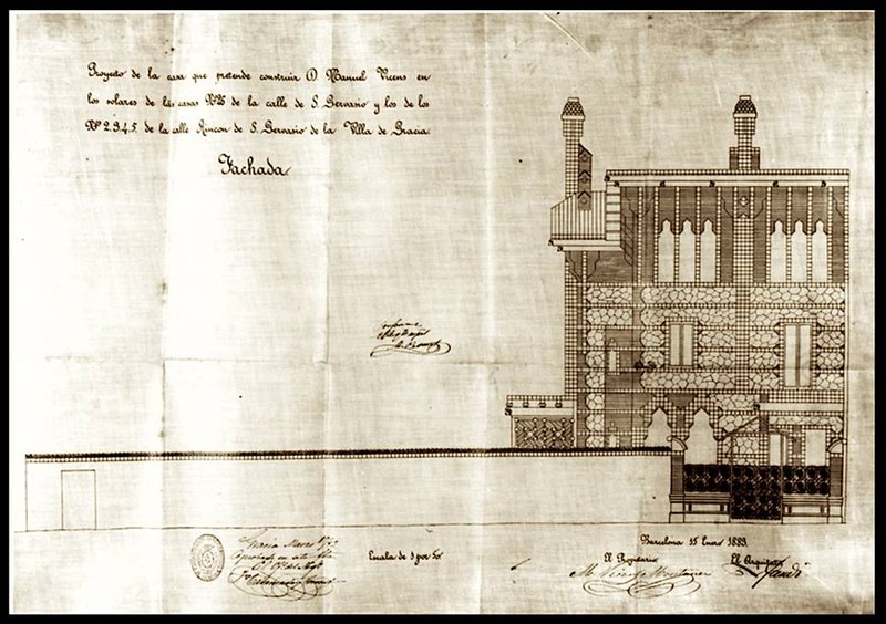 Historic view of Casa Vicens facade built in 1883 by Antoni Gaudi