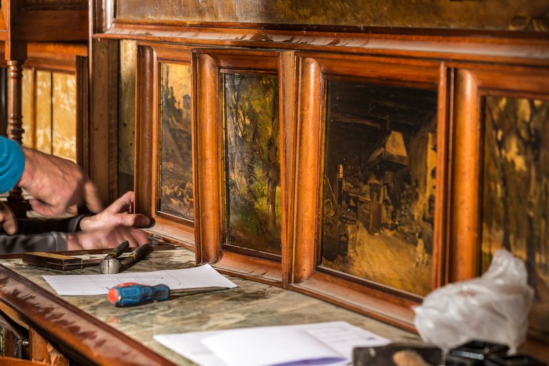 Exterior of Casa Vicens during restoration showing original architectural details