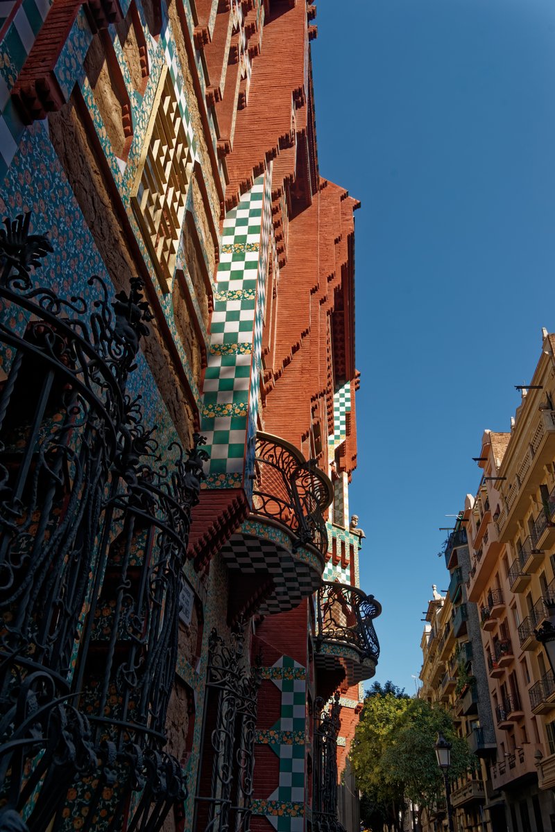 Casa Vicens seen from east showing green and white checkerboard tiles and turret