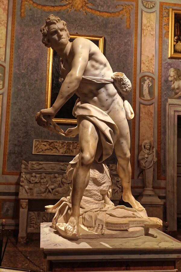 David by Bernini showing the biblical hero mid-throw with sling in the Galleria Borghese Rome