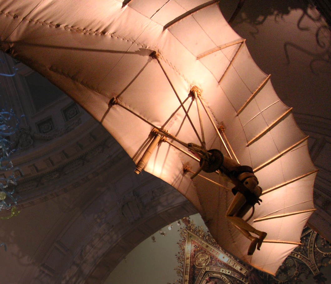 Full-size wooden model of Leonardo da Vinci flying machine with wing mechanism