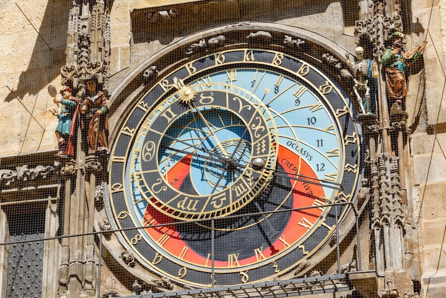 Close-up of the Prague Astronomical Clock showing intricate zodiac and time dials