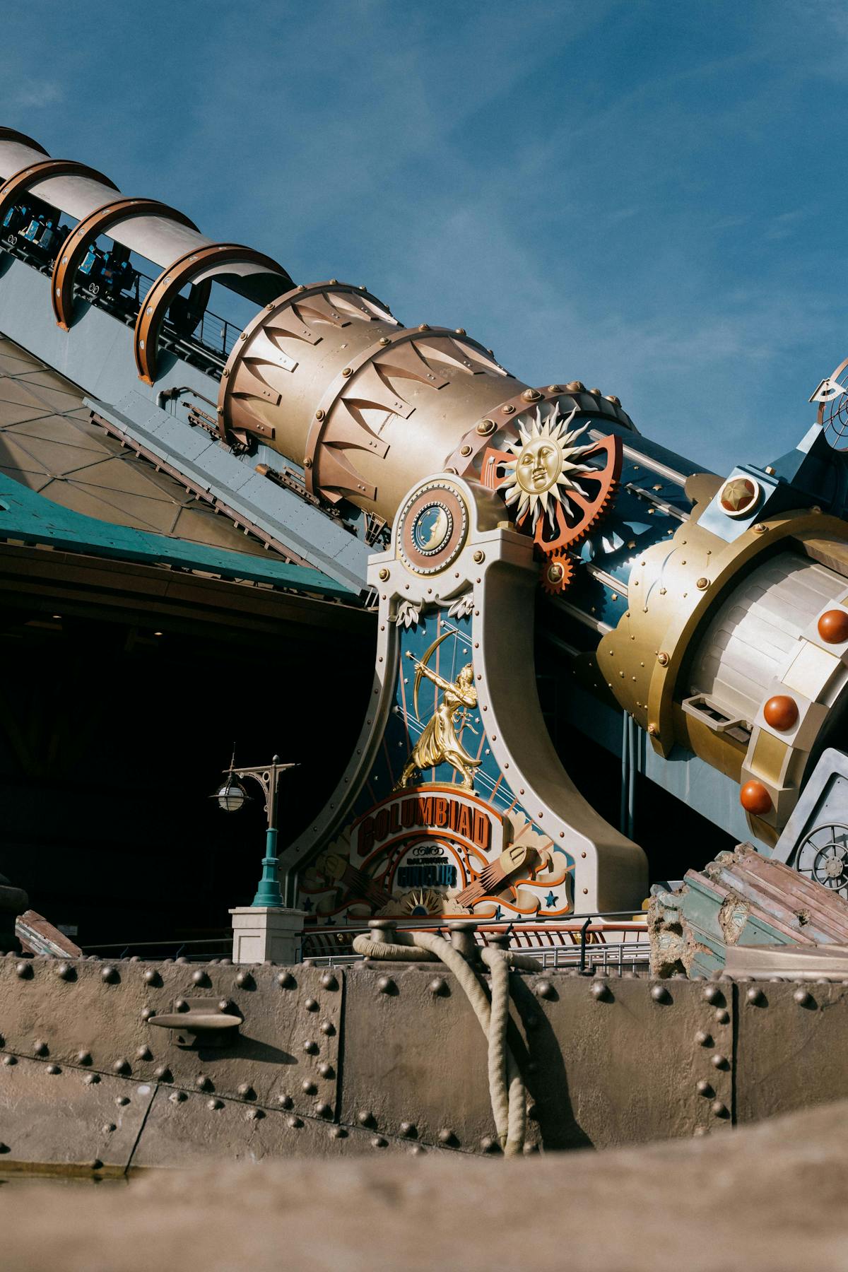 Close-up view of a fairy tale castle with turrets and colorful spires