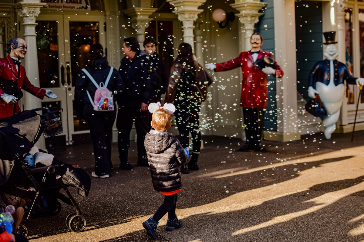The entrance area of Disneyland Paris park with themed buildings