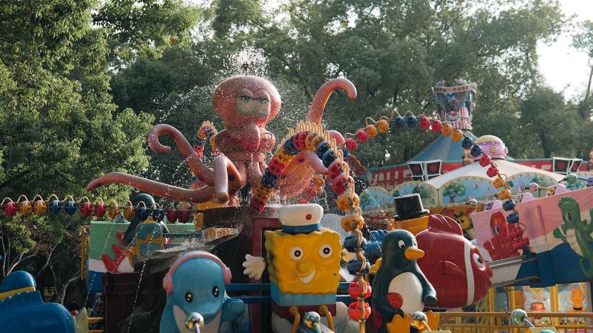 Panoramic view of a theme park with various attractions