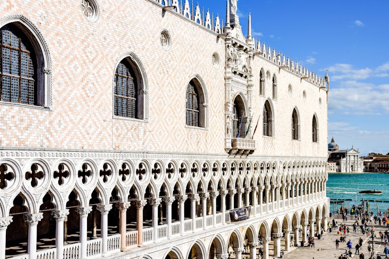 Detailed view of the Venetian Gothic architecture and ornate facade of Doges Palace