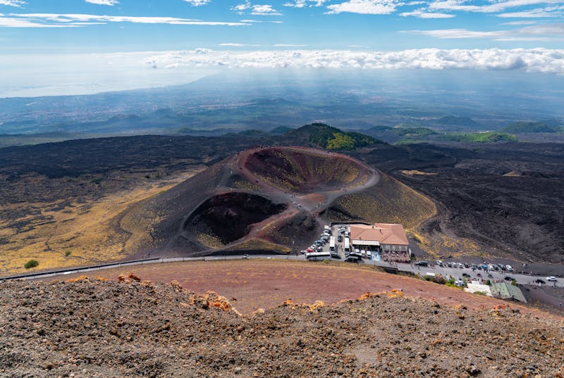 Stunning aerial view of Mount Etna summit craters and volcanic landscape in Sicily