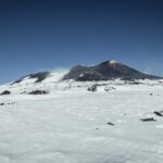 Mount Etna summit covered in snow against a clear blue sky in Sicily